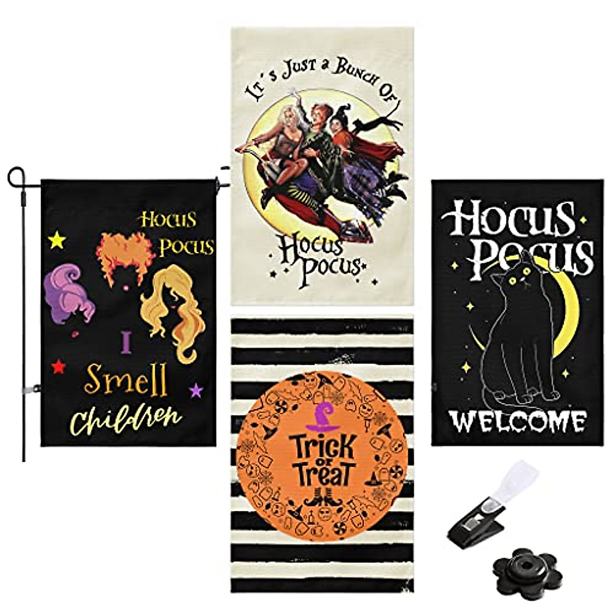 Halloween Hocus Cat Garden Flags 12"x18" Set of 4 Double Sided Burlap Flags Pocus Trick or Treat Banners Outdoor Decorations For Home Lawn Decor Welcome Flag