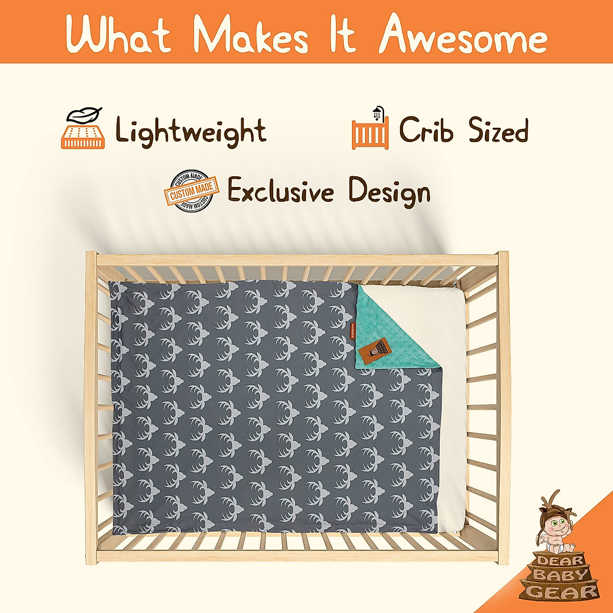 Dear Baby Gear Deluxe Double Layer Baby Blanket - Gender Neutral Infant Blankets for Girls & Boys - Nursery Quilt for Newborn - Cute Infant Crib Cover - Antlers Grey, Mint Blanket 40x30 Inches