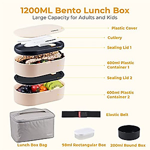 homeasy Bento Box for Adults Students, BPA Free Plastic Bento Lunch Boxes Rectangle Food Grade Lunch Containers with Cutlery Set and 2 Sauce Pot, 2-Tier Leak-Proof, 1200 ML (Beige with Bag)