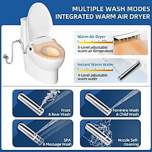 Bidet Toilet Seat - Round Smart Toilet Seat with Wireless Remote and Side Knob, Instant Warm Water & Air Dryer, Adjustable Heated Seat, Multiple Nozzle Modes