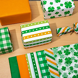 Whaline 90 Sheet St. Patrick's Day Tissue Paper Shamrock Green Orange White Stripe Plaids Art Tissue Paper 6 Design Irish Spring Holiday Wrapping Paper for Gift Packing DIY Crafts, 13.8 x 19.7in