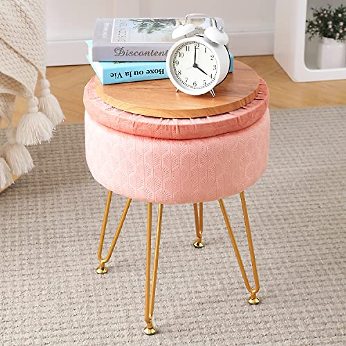 Cpintltr Foot Stool Velvet Storage Ottoman with Removable Lid Round Sofa Stools Foot Rest with Padded Seat Modern Style Makeup Stool Decorative Furniture Suitable for Lounge Dorm Room Blush