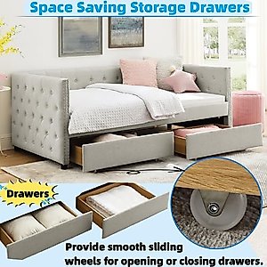 Linuque Upholstered Twin Size Daybed with Two Storage Drawers, Wood Linen Fabric Sofa Bed Frame with Button Tufted Armrest and Nailhead Trimming on Square Arms, Beige