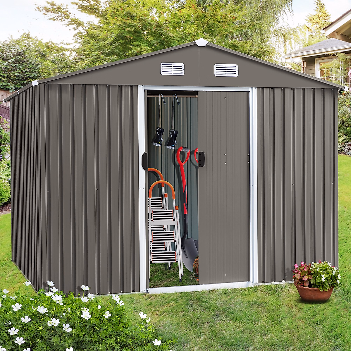 MIRAFIT Storage Shed 8x10 Ft, Outdoor Storage Cabinet Galvanized Steel Sheds with Sliding Door, Garden Metal Shed for Tool, Bike, Lawn Mower, Backyard, Patio,Olive Gray