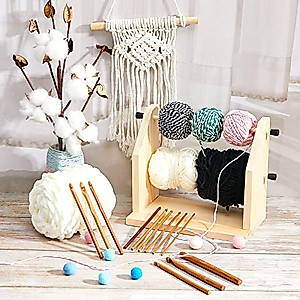 Juexica Yarn Ball Holder Double Revolving Yarn Holder with 12 Bamboo Crochet Hook Wood Yarn Holder Wooden Bamboo Crochet Hooks for Crocheting Knitting DIY Craft