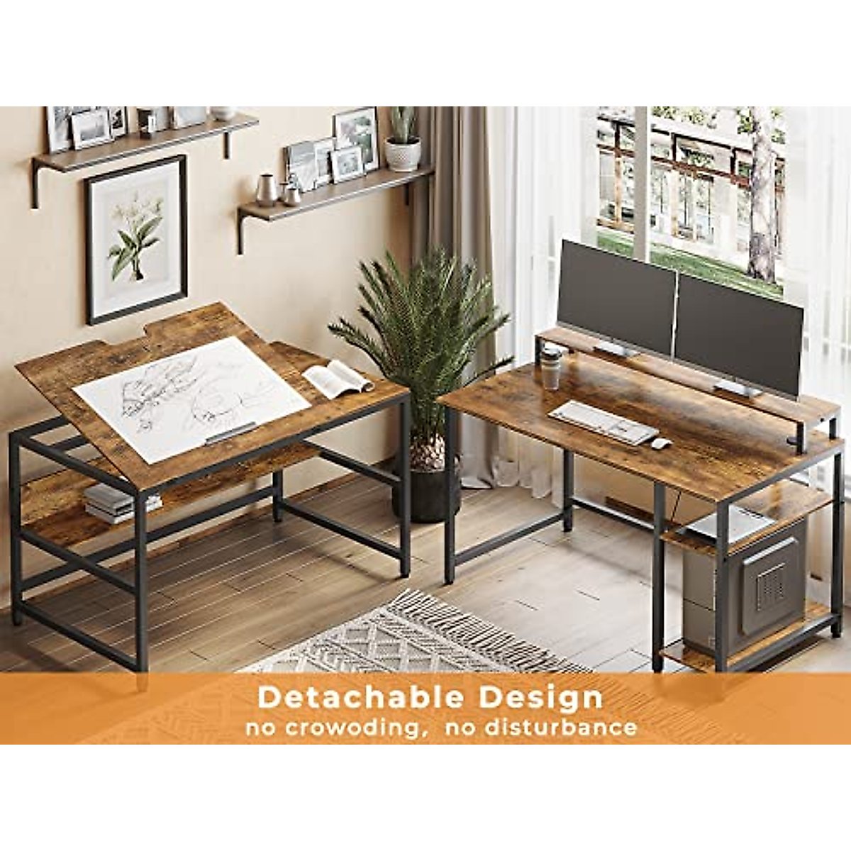 SEDETA L Shaped Desk, 68.9 inches Corner Computer Desk with Monitor Stand Riser, Drafting Drawing Table with Tiltable Desktop, Workstation Study Writing Table Art Desk for Home Office, Rustic Brown