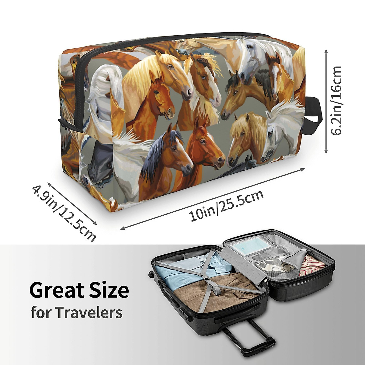 Women Lightweight Makeup Bag Pouch Compatible with Cool Realistic Wild Horses Toiletry Bag, Funny Travel Cosmetic Bag Portable Bag with Zip for Office College