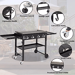 Commercial Griddle on Cart, 36" Heavy Duty Manual Flat Top Griddle, Outdoor Cooking Station with Side Shelves, Steel Natural Gas Griddle, 4-Burners Restaurant Portable Grill