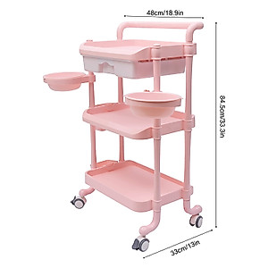 3 Tier Rolling Salon Trolley Stand Be-au-ty S-P-A Storage Organizer Stand Mobile Service Cart Storage Tray for Equipment Hair Salon Tool Rack, 330lbs Loading,18.9x13x33.3in (Pink)
