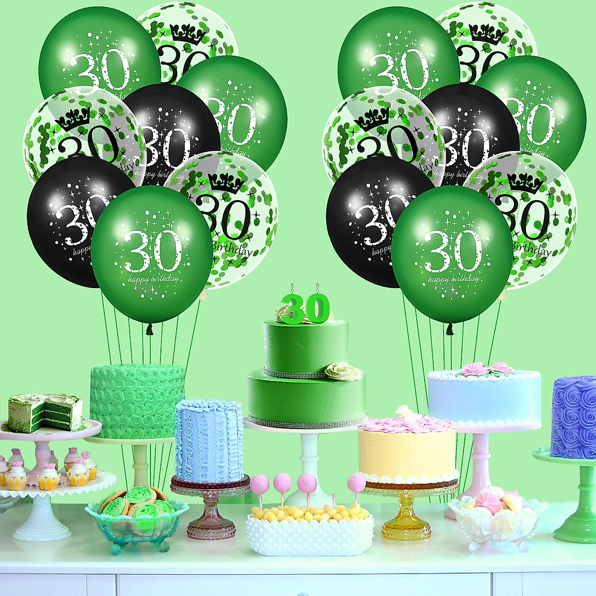 30th Green Birthday Balloons Decorations,15PCS Green and Black 30th Happy Birthday Balloons for Women Men 30 Years Old Anniversary Party Latex Inflatable Clear Confetti Balloon Indoor Outdoor Supplies