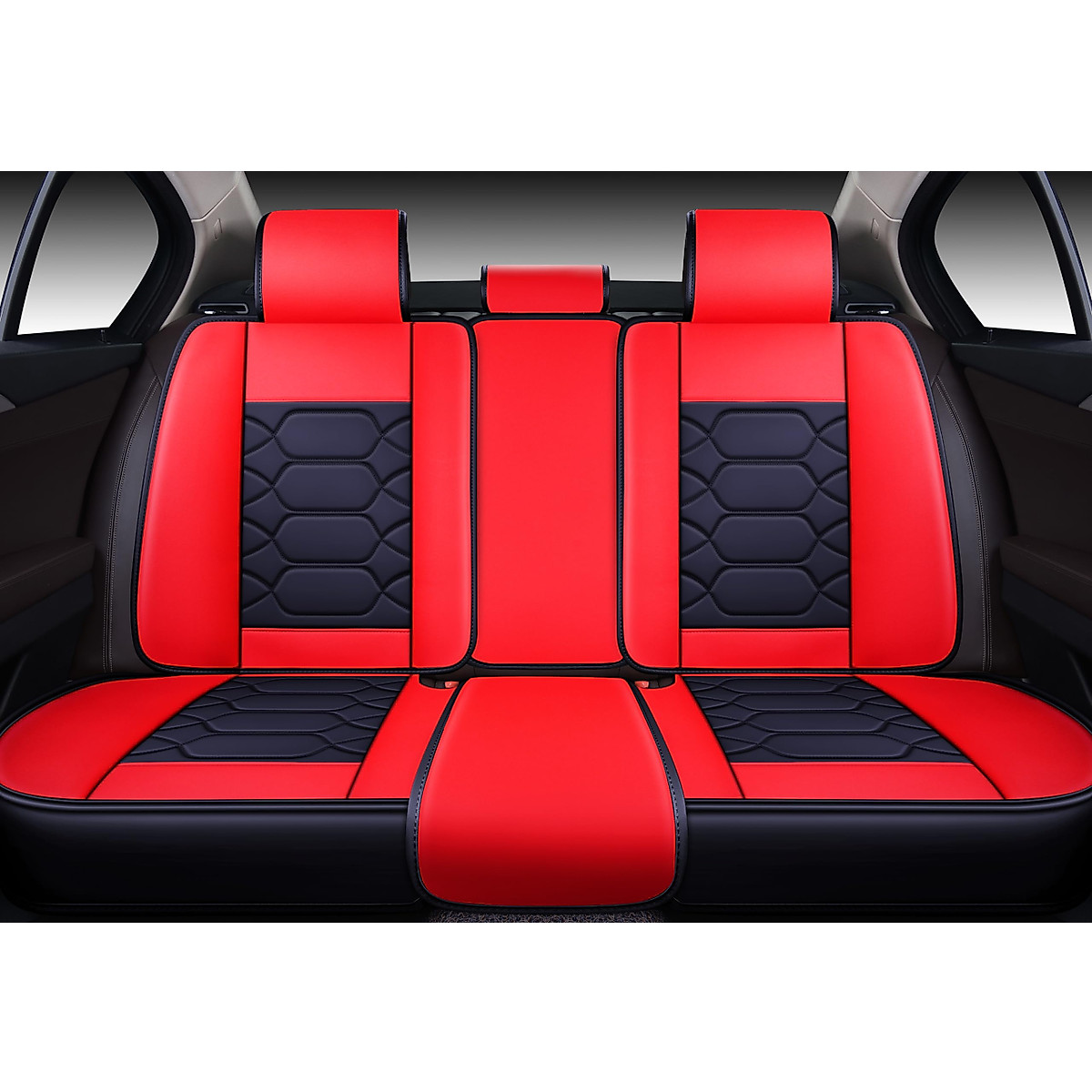 OASIS AUTO Car Seat Covers Premium Waterproof Faux Leather Cushion Universal Accessories Fit SUV Truck Sedan Automotive Vehicle Auto Interior Protector Full Set (OS-004 Black&Red)