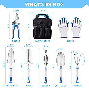 Gardening Tools, 8 Pcs Heavy Duty Stainless Steel Garden Tool Set with Durable Storage Tote Bag, Non-Slip Rubber Grip, Outdoor Gardening Hand Tools, Ideal Gardening Gifts for Men Women Gardener