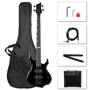 Ktaxon Electric Bass Guitar Full Size Flame Design Bass Set with 20 Watt Amplifier, Portable Bass Bag, Superior Amp Wire, Adjustable Guitar Strap, Plectrum, Wrench Tool(Black)