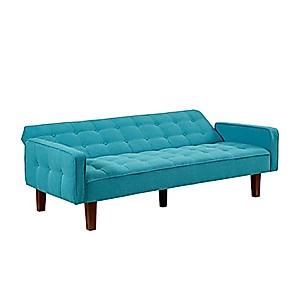 Melpomene Futon Sofa Convertible Couch Bed, Modern Button Tufted Linen Folding Sofa Sleeper with Wood Legs for Living Room Bedroom,Blue