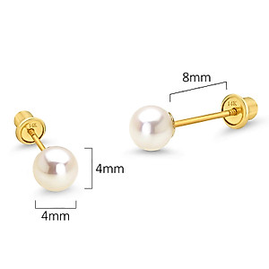 14k Yellow Gold 4mm Simulated Pearl Children Screw Back Baby Girls Earrings