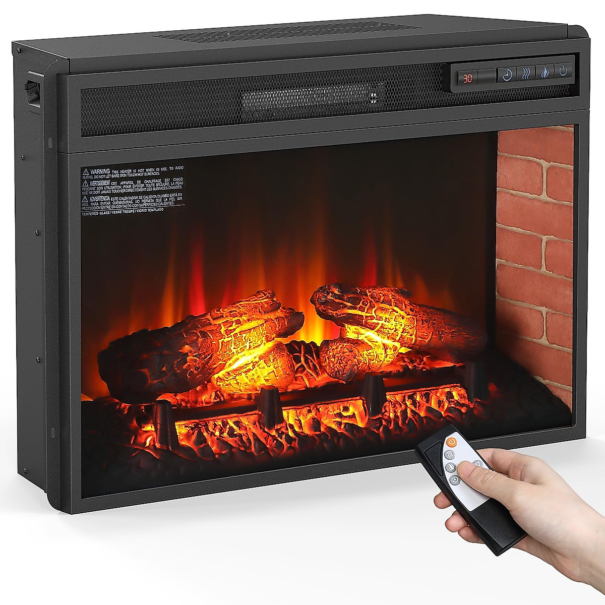 ROVSUN 26" Recessed Electric Fireplace Insert w/Remote Control Timer Adjustable Space Heater FireBox, 3 Flame Brightness, Two Side Built-in Wall Tiles Logs,CSA Listed(Black)