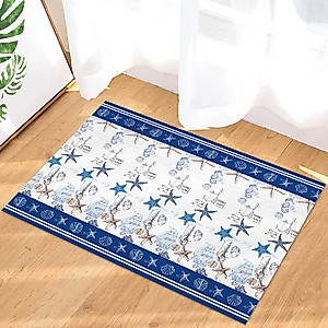 Door Mat for Bedroom Decor, Ocean Theme Blue Brown Seashell Starfish Coral and Vessel Floor Mats, Absorbent Rugs for Living Room, Non-Slip Bathroom Rugs Home Decor Kitchen Mat Area Rug 18x30 Inch