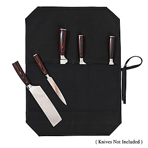 Chef Knife Roll Bag, Knife Bag with 5 Slots, Specialized Cut-Resistant Fabric Lining, Heavy Duty 16oz Waxed Canvas Knife Roll Case | Black | 21"L x 15.5"W