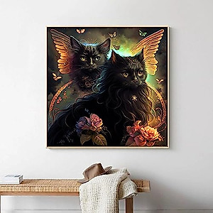Black Cat Angel Wing Resin DIY 5D Diamond Painting Kits, Full Round Crystal Rhinestone Mosaic Abstract Scenery Diamond Art Gem Dots Craft for Home Wall Art Kit Decoration 30x30cm