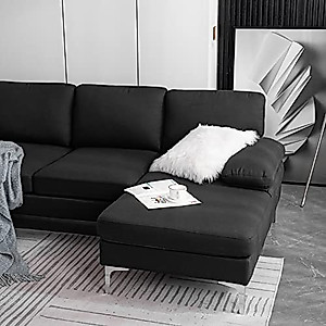 Sofa Bed Combo U Shaped Sofa Wide Recliner, Silver Plated Feet, Black