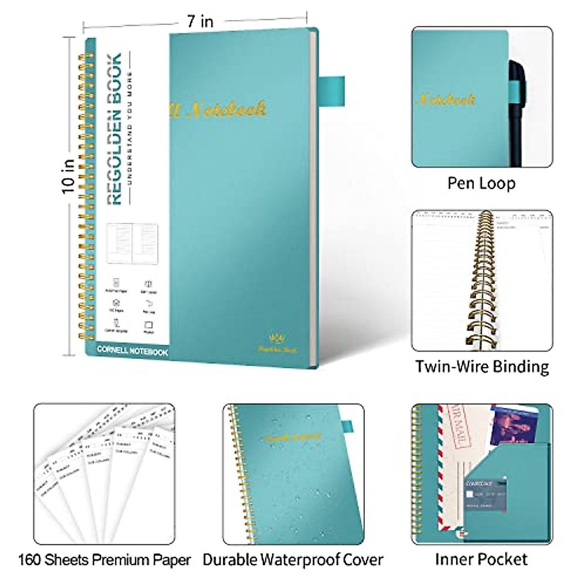 Regolden-Book Cornell Note Notebook, Study Note Taking System, Classic and Simple Design, Ldeal for Easy Learning and Record Keeping (Teal)