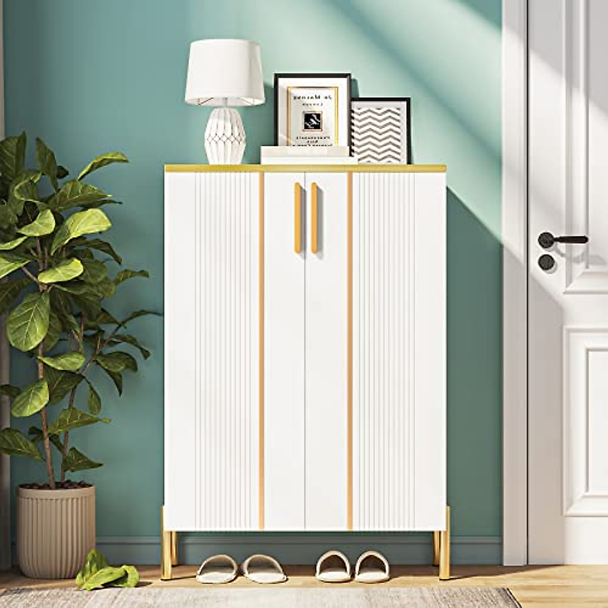 Tribesigns Shoe Cabinet with Doors, 6-Tier Shoe Storage Cabinet with Adjustable Shelves, Wooden Shoes Rack Shoe Storage Organizer for Entryway, Hallway, Closet, Living Room, White