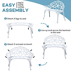 Sun-Ray Outdoor Patio Bench with Rose Detail in White, Cast Aluminum and Cast Iron Bench for Garden, Park, Patio, & Deck