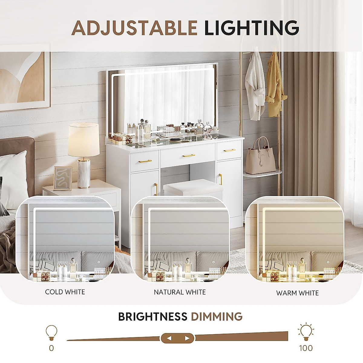 WAYES 43.3" Clear Glass Top Makeup Vanity Desk Set with LED Mirror, Charging Station, and Storage Stool, Modern, White