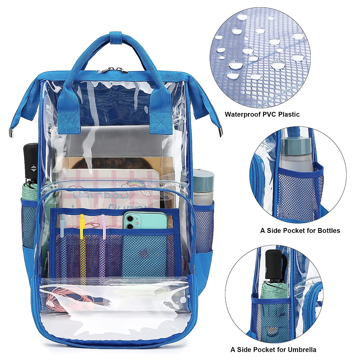 Yusudan Heavy Duty Clear Backpack for Men Women, School Bag Bookbag PVC Plastic Transparent Backpacks for Boys Girls (Blue)