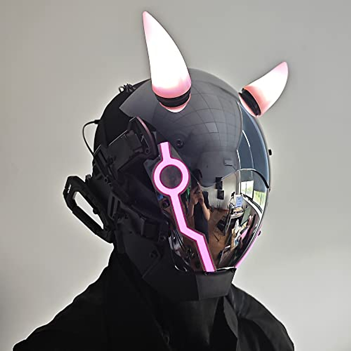 KYEDAY Punk Mask for Men, LED Ox horn Mask,Futuristic Punk Techwear, Cosplay Halloween Fit Party Music Festival Accessories (pink)