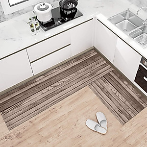 GUBIYU Set of 2 Kitchen Rugs and Mats Country Wooden Kitchen Rugs Washable Rustic Floor Planks Brown Wood Textures Bathroom Rugs Runner Farmhouse Style Walnut Oak Grain Decorative Kitchen Floor Decor