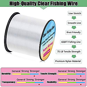 Hanging Wire Clear, Acejoz Thick Fishing Line Nylon String Picture Frame Wire with 100Pcs Crimps Sleeves 70lb Invisible Line for Balloon Garland Picture Hanging Decoration and Crafts (656 Feet)