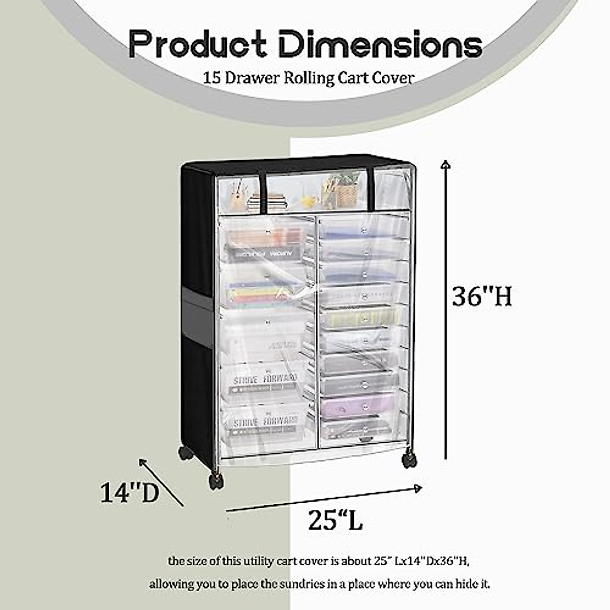 Utility Cart Cover, 15 Drawer Rolling Cart Cover, Fits Racks 25" Lx14''Dx36''H One Side See Through Panel, Without Rolling Cart (Cover Only)