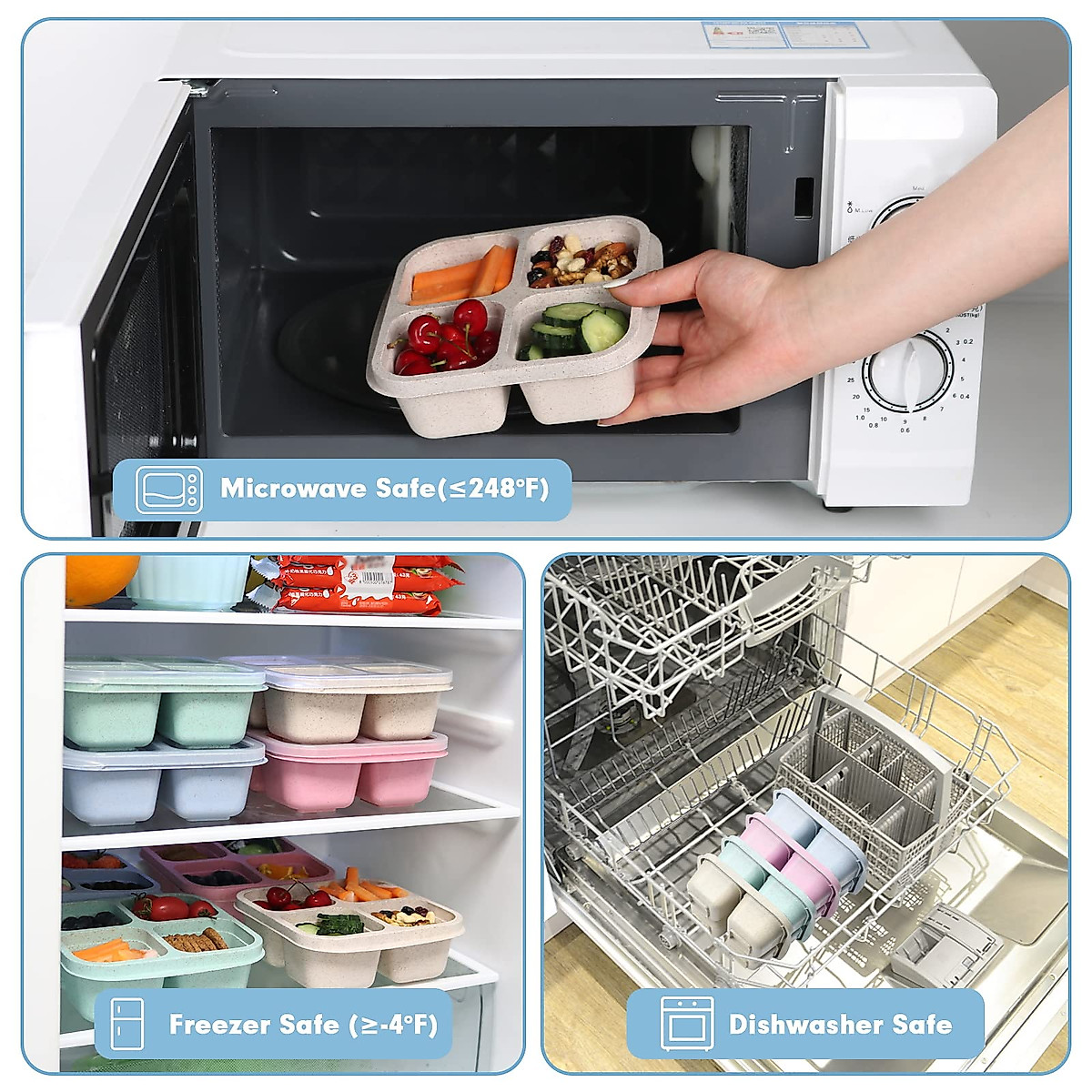 PUiKUS 4 Pack Snack Containers, 4 Compartments Bento Snack Box, Reusable Meal Prep Lunch Containers for Kids Adults, Divided Food Storage Containers for School Work Travel