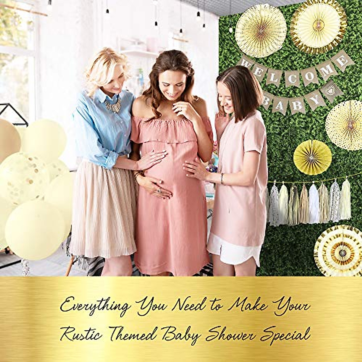 YARA Baby Shower Decorations Neutral | Woodland Rustic Boho Theme Oh Baby Decoration for Girl & Boy, Gender Reveal & Birthdays | Burlap Welcome Baby Banner, Gold & Cream Decor Paper Fans & Tassels