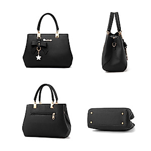 SMALLBLUER Top-handle Handbags Purse for Women Small Satchel PU Leather Shoulder Crossbody Bag with Bowtie Pendant-Black