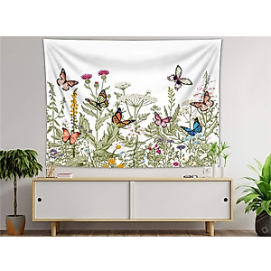 HVEST Leaf Butterfly Tapestry Wall Hanging, Sage Green Leaves and Flowers with Butterflies Wall Hanging Tapestry Spring Plant Tapestry for Bedroom Living Room Wall Decor, 60x40 Inches