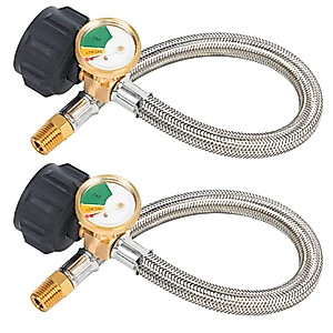 GASPRO 15-Inch RV Propane Hose with Gauge, Stainless Braided Camper Propane Hose for 5-40lb Propane Tanks and Two-Stage Propane Regulator, 1/4-Inch Male NPT x QCC-1, 2-Pack