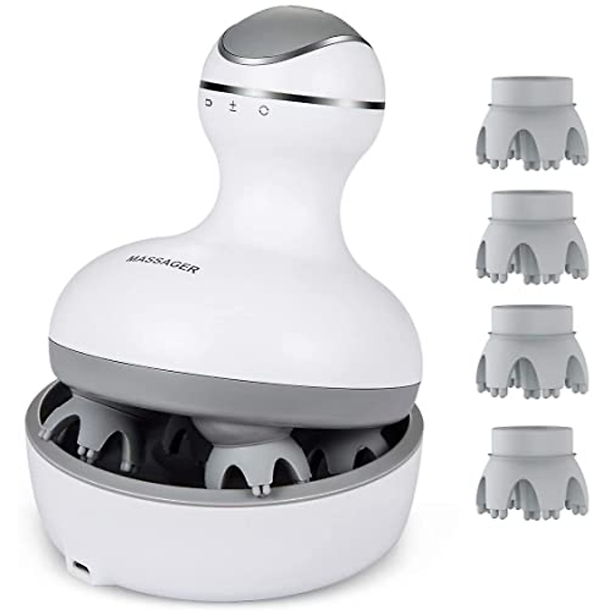 LATME Scalp Massager with 4 Replacement Massage Heads Portable Head Scratcher with Tissue Kneading Nodes Gifts Idea Stress Release Massager for Muscles Shoulder Calf