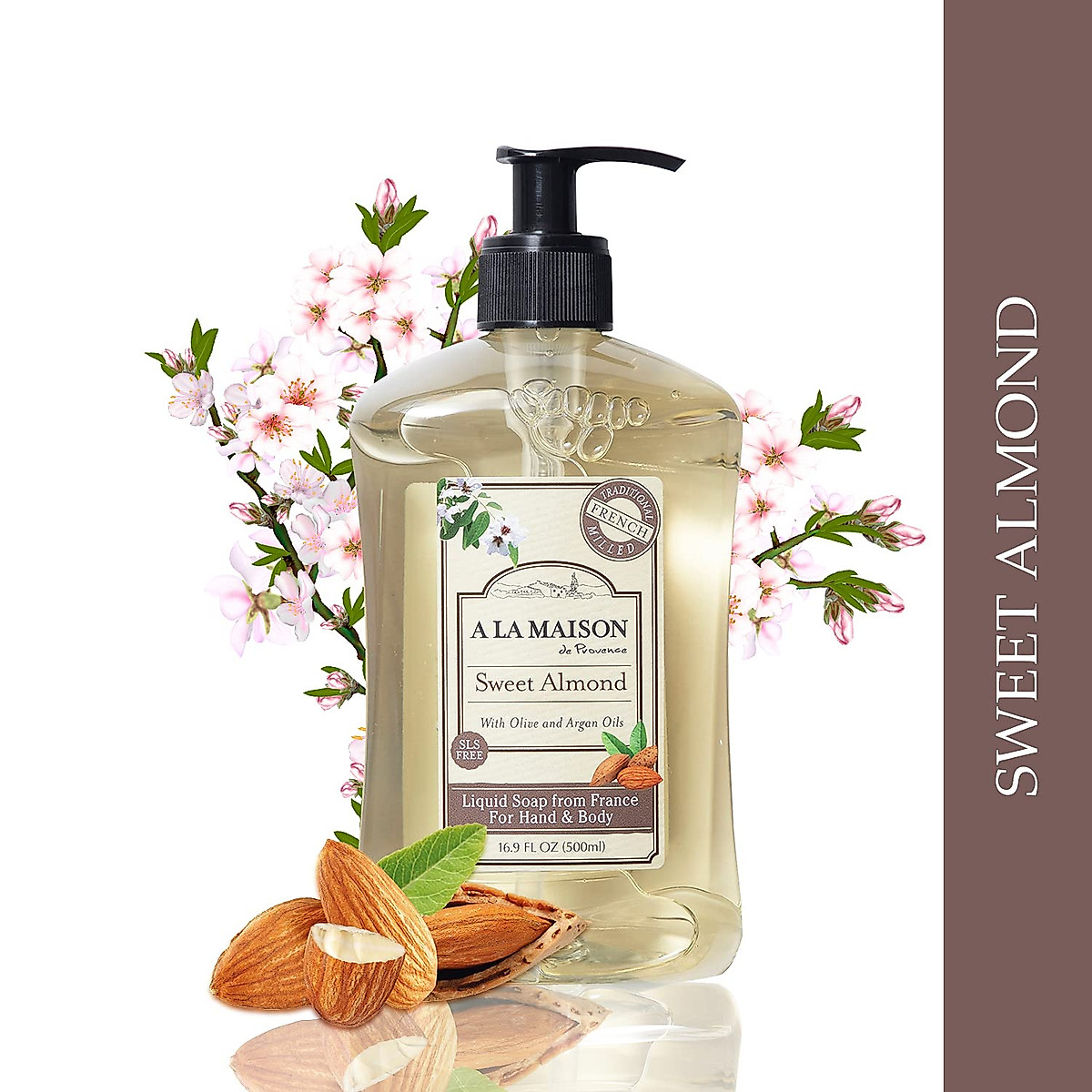 A LA MAISON French Liquid Hand Soap, Almond - Natural Hand Wash Made with Essential Oils - Biodegradable, Plant-Based, Vegan, Cruelty-Free, Alcohol & Paraben Free (16.9 oz, 3 Pack)