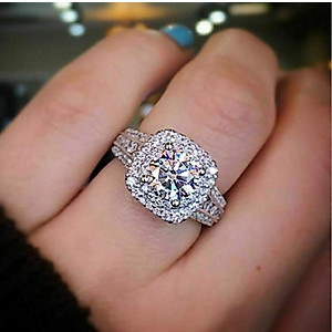 ChenFeng Fashion Ring Cushion Cut ct Zircon Stone 925 Sterling Silver Engagement Wedding Band Ring Cubic Zirconia Promise Halo Engagement Ring Anniversary Wedding Bands Size 6-10 (8)