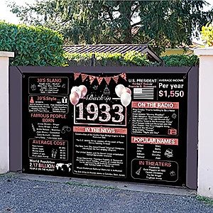 Crenics Rose Gold 90th Birthday Decorations, Vintage Back in 1933 Birthday Backdrop Banner, Extra Large 90 Years Old Birthday Poster Photo Background Party Supplies for Women, 5.9 x 3.6 Ft