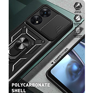 CCSmall for Oppo Reno8 T 4G (Not 5G) Case with Slide Camera Cover, Military Grade Drop Protective Phone Cover Case with Ring Kickstand for Oppo Reno 8T 4G SJ Black