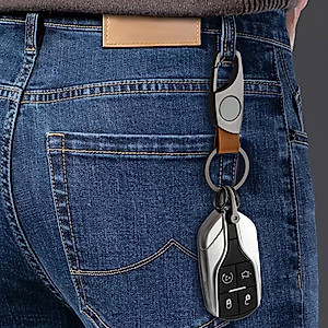 Gkeygo Carabiner Keychain, Key Chains for Car Key with 2 Key Rings and Anti-Lost D-Ring, Multifunctional Keychains for Men and Women – Grey(Brown Leather)