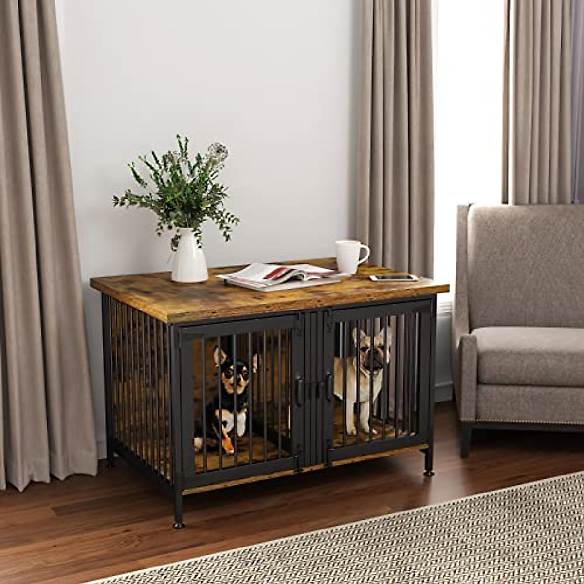 GDLF Double Dog Crate with Divider for 2 Small Dogs or 1 Dog, Furniture Style Kennel Indoor Cage with Removable Panel (Int.dims:36.2”Wx24.5”Dx21”H)