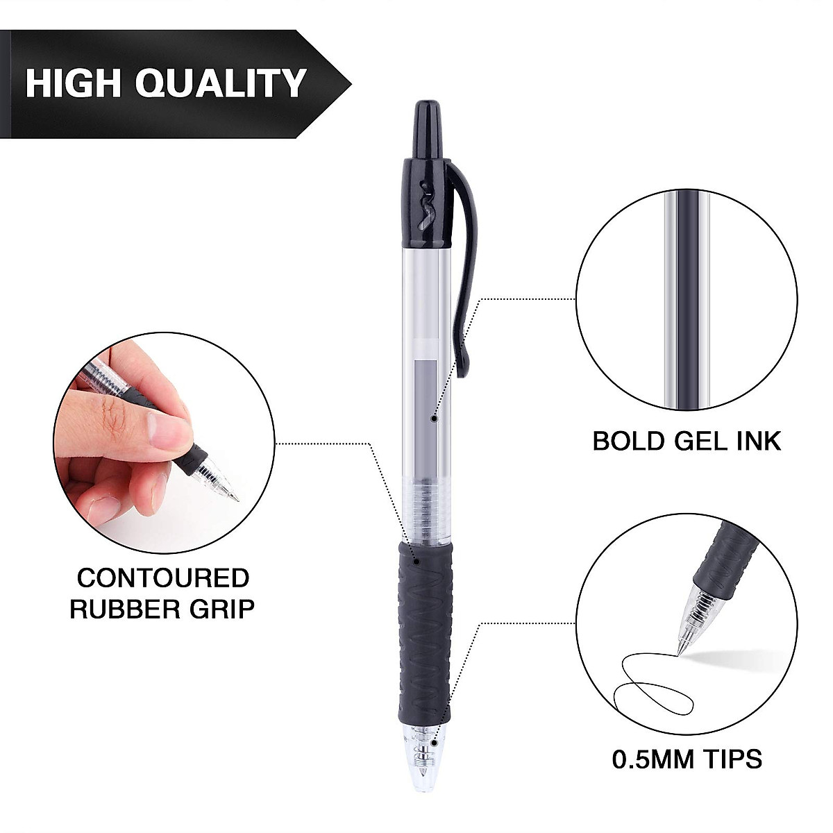 Tanmit Gel Pens Retractable Black Ink Rollerball Pens, Fine Point Ballpoint Writing Pen for Office - 0.5mm Tips with Comfort Grip (18-Pack)