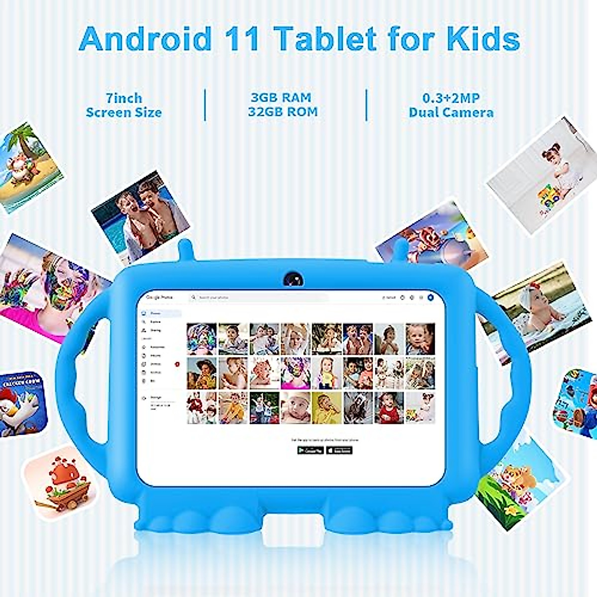 Relndoo Kids Tablet, 7 inch Android 11 Tablet for Kids, 3GB RAM 32GB ROM, Toddler Tablet with Bluetooth, WiFi, Parental Control, Dual Camera, GMS, Shockproof Case, Kids App Pre-Installed