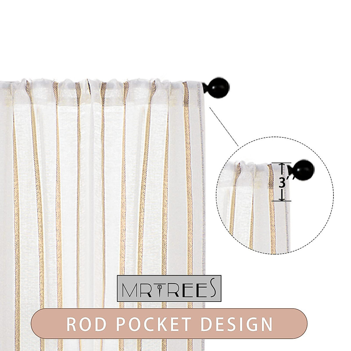 MRTREES Striped Sheer Valance Curtain 16 inches Long 1 Panel Living Room Pinstripes Linen Textured Valances Bedroom Window Sheer Panels Pole Pocket Kitchen Window Treatments - Ivory Stripe