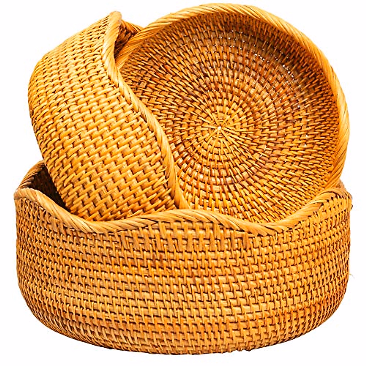 CLAYNIX Woven Fruit Basket For Storage Key Holder Bowl Decorative Wall Bread Vegetable 3 Serving Bowl Set For Organizing Kitchen Natural Rattan Picnic Basket Curve Stackable Set of 3 (Wave)