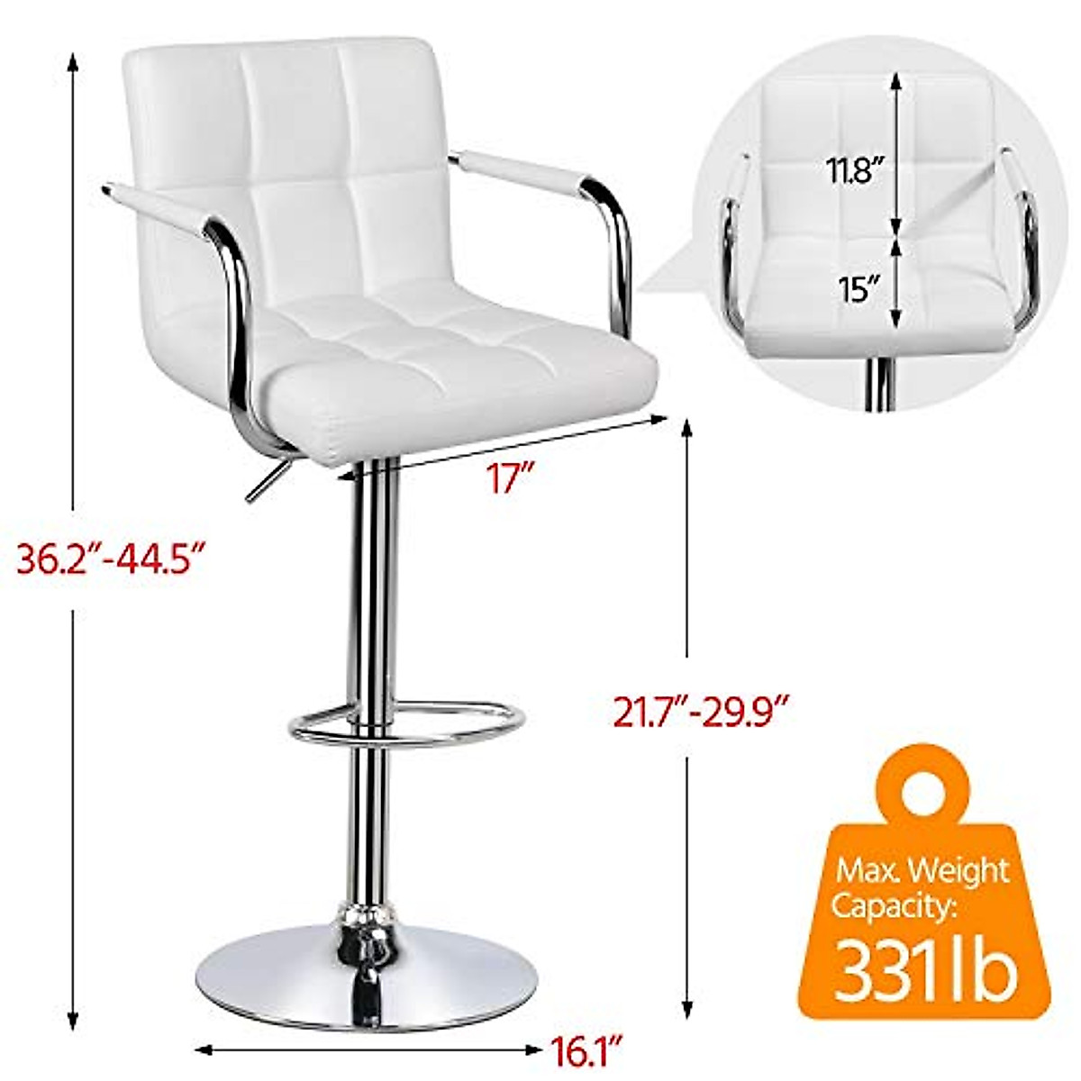 Yaheetech Tall Bar Stools Set of 2 Modern Square PU Leather Adjustable BarStools Counter Height Stools with Arms and Back Bar Chairs 360 Swivel Stool White